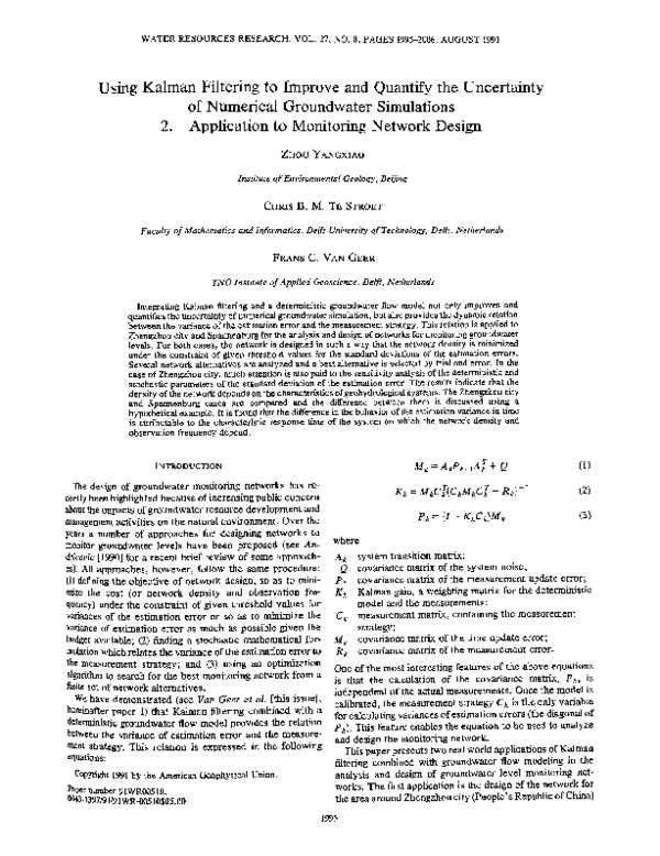 (PDF) A solution to the inverse problem in groundwater hydrology based on Kalman filtering | M ...