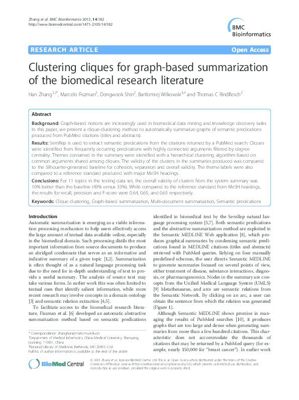 (PDF) Clustering cliques for graph-based summarization of the biomedical research literature ...