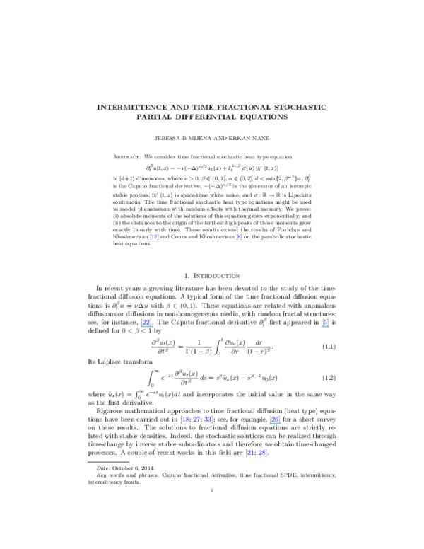 Pdf Intermittence And Time Fractional Stochastic Partial Differential Equations