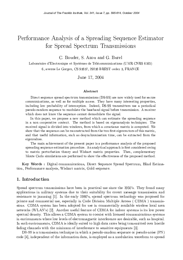 (PDF) Performance analysis of a spreading sequence estimator for spread spectrum transmissions
