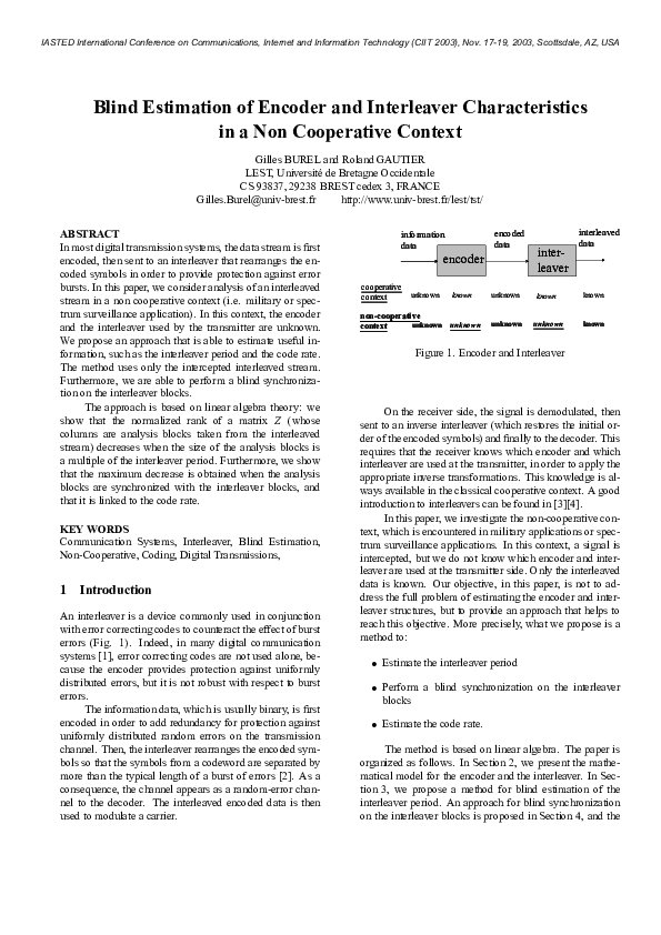 (PDF) Blind Estimation of Encoder and Interleaver Characteristics in a Non Cooperative Context