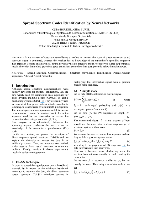 (PDF) Spread spectrum codes identification by neural networks