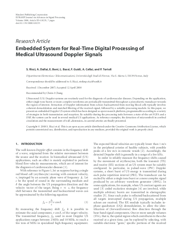 (PDF) Embedded System for Real-Time Digital Processing of Medical Ultrasound Doppler Signals