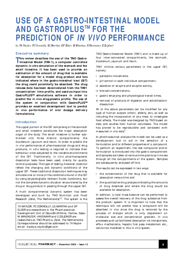 (PDF) Use of a Gastro-Intestinal Model and GastroPLUS™ for the ...