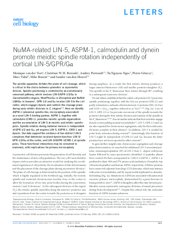 (PDF) NuMA-related LIN-5, ASPM-1, calmodulin and dynein promote meiotic ...