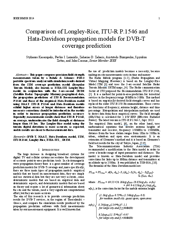(PDF) Comparison of Longley-Rice, ITU-R P.1546 and Hata-Davidson propagation models for DVB-T ...