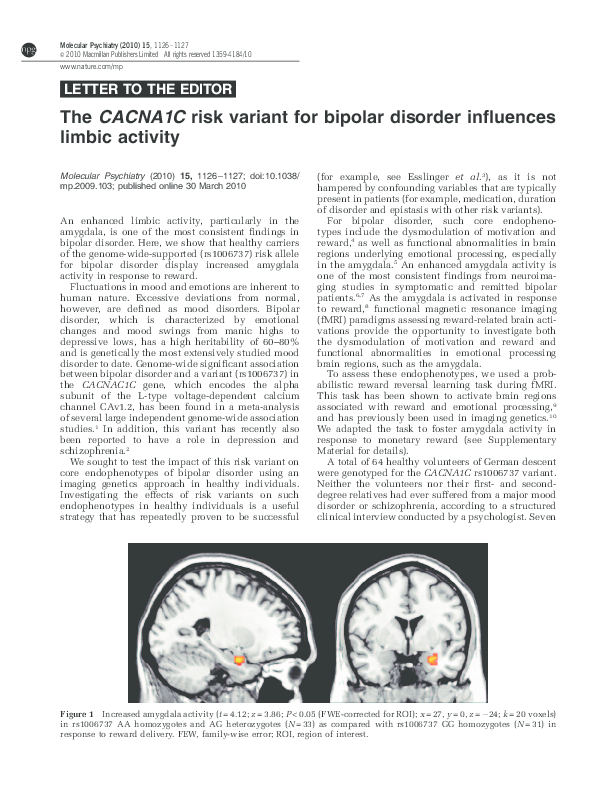 (PDF) The CACNA1C risk variant for bipolar disorder influences limbic ...