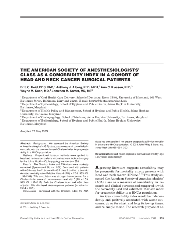 The American Society of Anesthesiologists' class as a comorbidity index ...