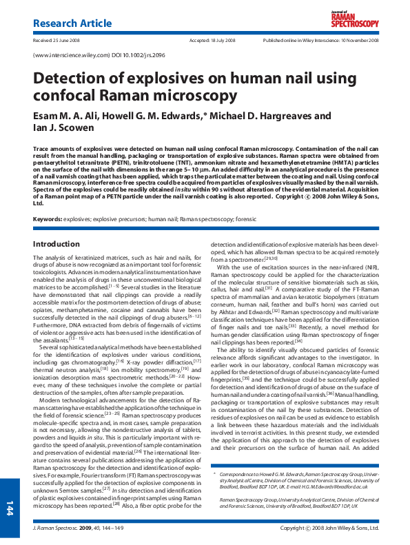 (PDF) Detection of explosives on human nail using confocal Raman microscopy
