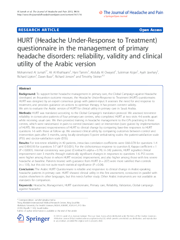(PDF) HURT (Headache Under-Response to Treatment) questionnaire in the ...