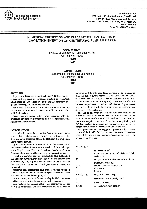 (PDF) NUMERICAL PREDICTION AND EXPERIMENTAL EVALUATION OF CAVITATION INCEPTION ON CENTRIFUGAL ...