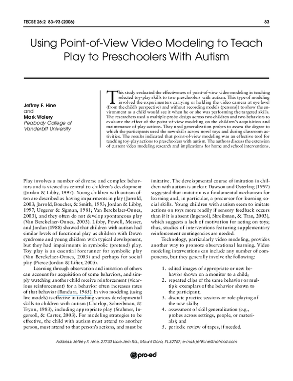 (PDF) Using Point-of-View Video Modeling to Teach Play to Preschoolers ...