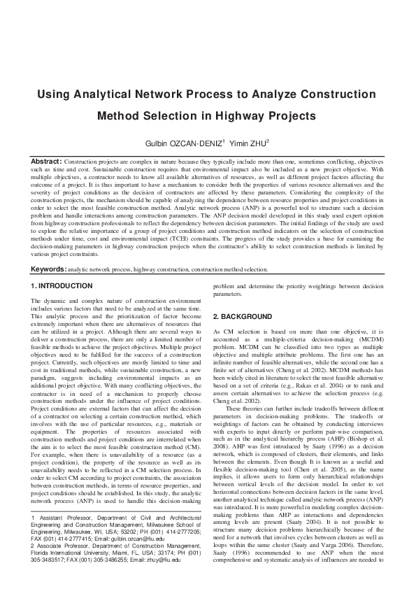 (PDF) Using Analytical Network Process to Analyze Construction Method Selection in Highway Projects