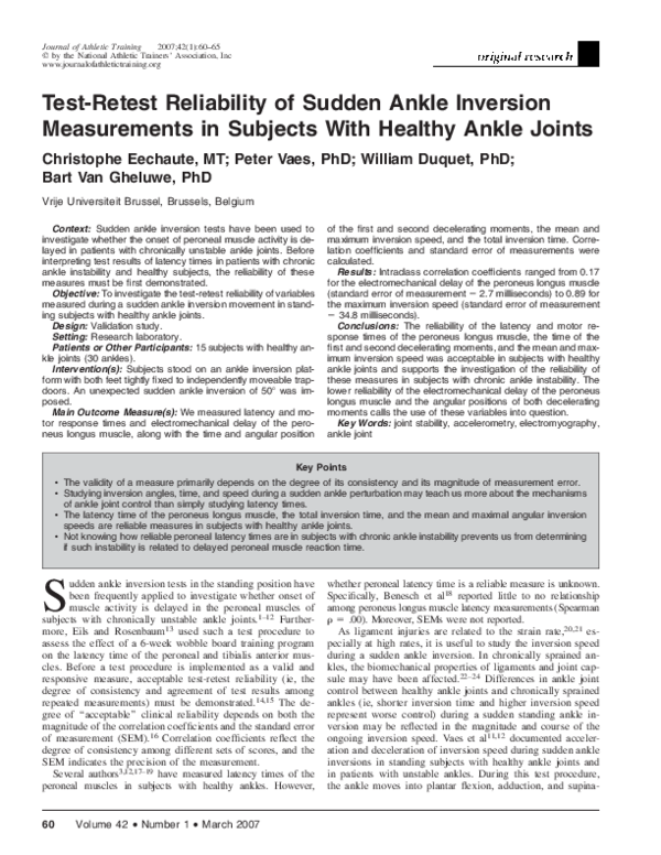 (PDF) Test-retest reliability of sudden ankle inversion measurements in ...