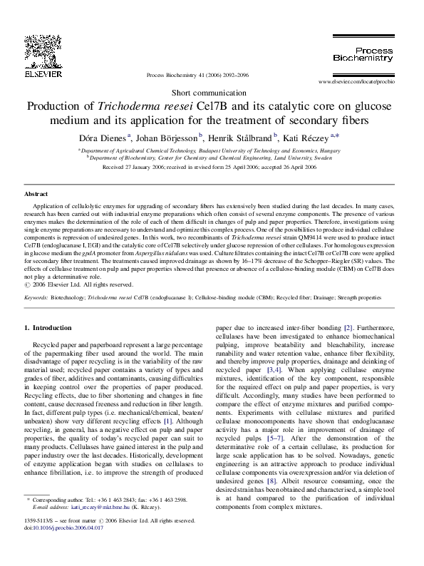 (PDF) Production of Trichoderma reesei Cel7B and its catalytic core on glucose medium and its ...