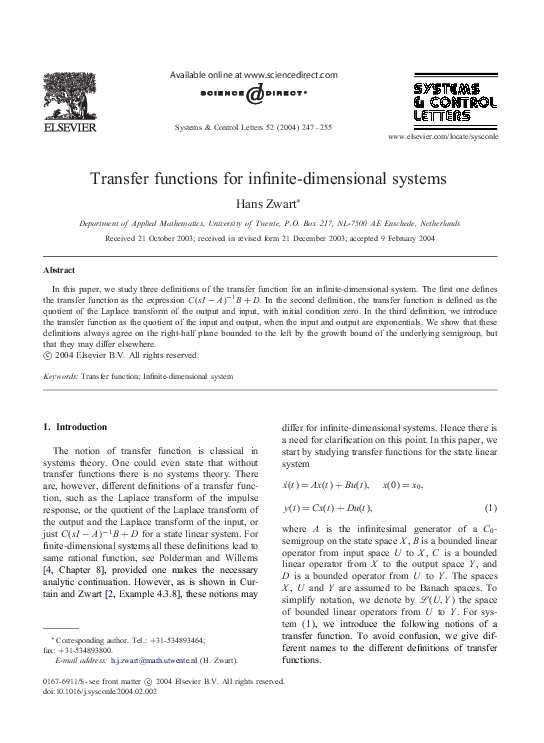 Pdf Transfer Functions For Infinite Dimensional Systems