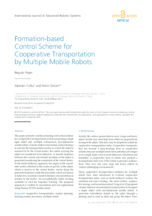 Pdf Formation Based Control Scheme For Cooperative Transportation By Multiple Mobile Robots