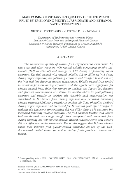 (PDF) MAINTAINING POSTHARVEST QUALITY OF THE TOMATO FRUIT BY EMPLOYING METHYL JASMONATE AND ...