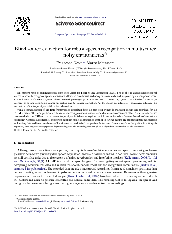 Pdf Blind Source Extraction For Robust Speech Recognition In Multisource Noisy Environments