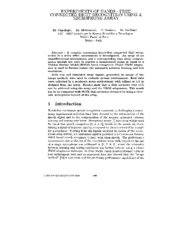 Pdf Experiments Of Hands Free Connected Digit Recognition Using A Microphone Array