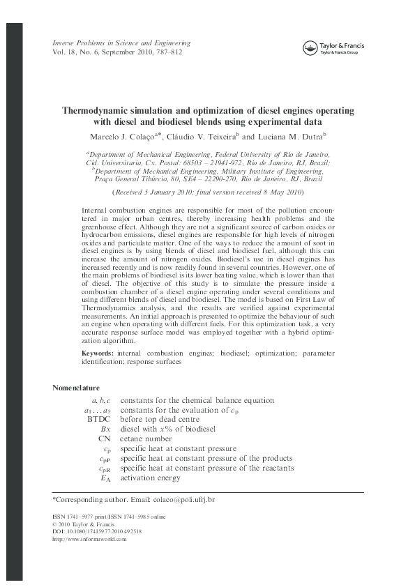 Pdf Thermodynamic Simulation And Optimization Of Diesel Engines Operating With Diesel And