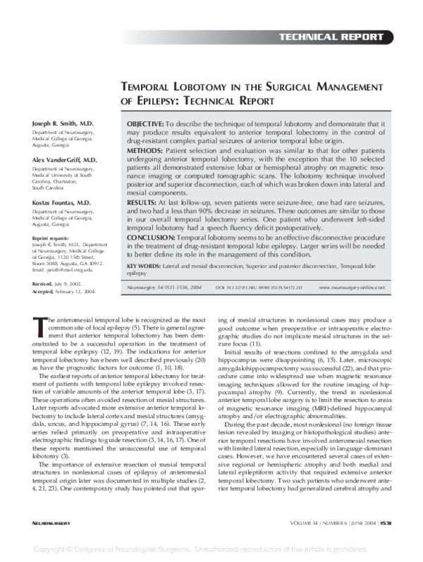 (PDF) TEMPORAL LOBOTOMY IN THE SURGICAL MANAGEMENT OF EPILEPSY ...