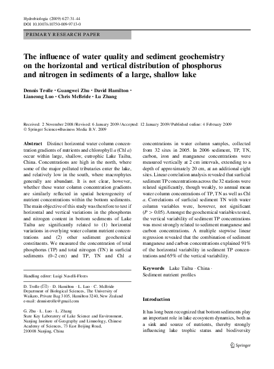 (PDF) The influence of water quality and sediment geochemistry on the horizontal and vertical ...