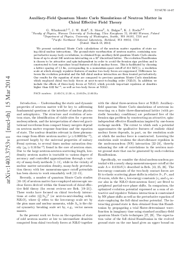 (PDF) Auxiliary-field quantum Monte Carlo simulations of neutron matter in chiral effective ...