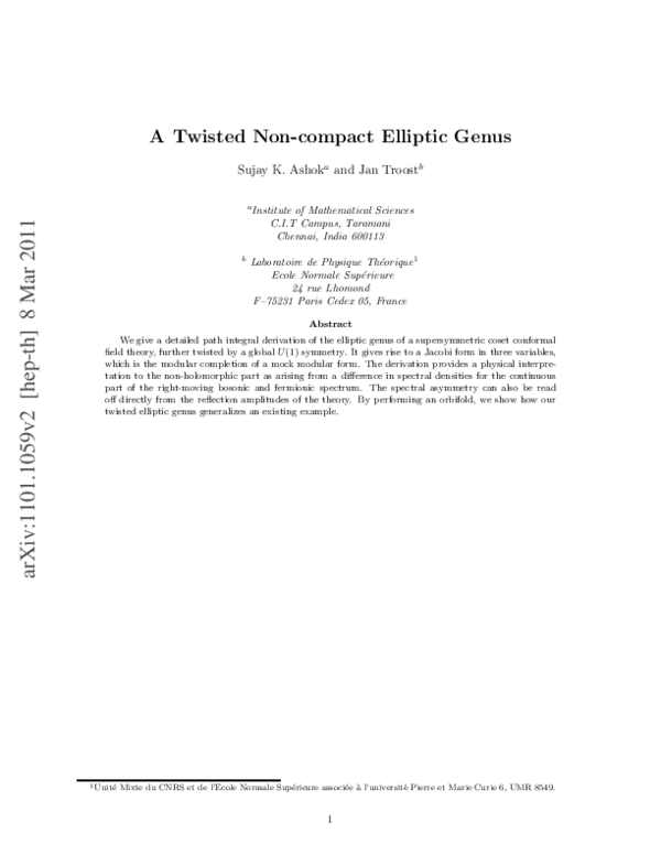 (PDF) A twisted non-compact elliptic genus | Jan Troost - Academia.edu