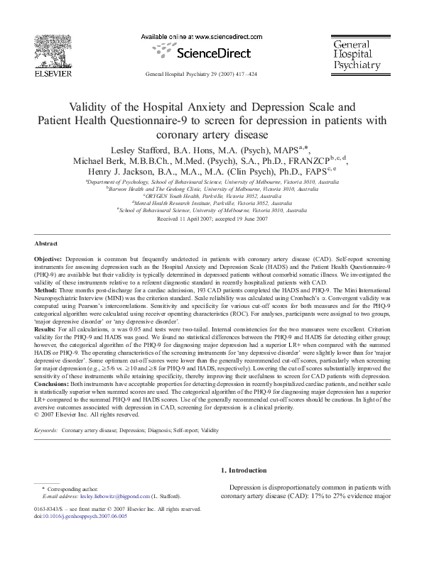 (PDF) Validity of the Hospital Anxiety and Depression Scale and Patient ...