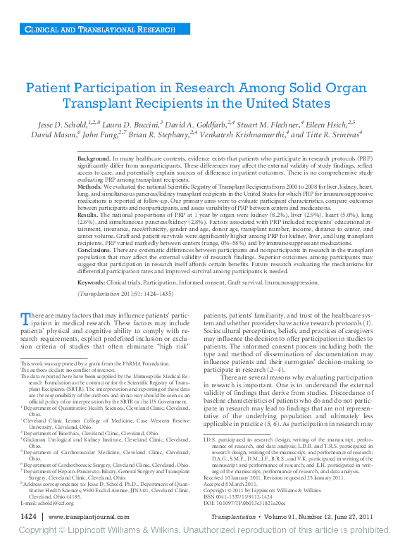 (PDF) Patient Participation in Research Among Solid Organ Transplant ...