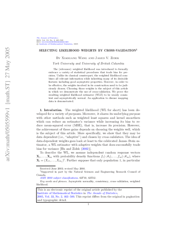 (PDF) Selecting likelihood weights by cross-validation