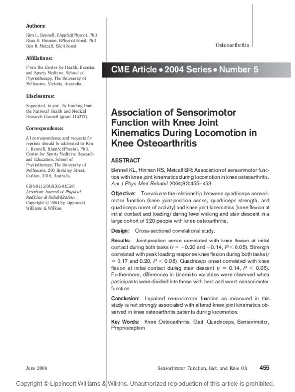 (PDF) Association of Sensorimotor Function with Knee Joint Kinematics During Locomotion in Knee ...