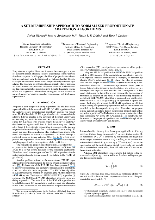 (PDF) A set-membership approach to normalized proportionate adaptation algorithms