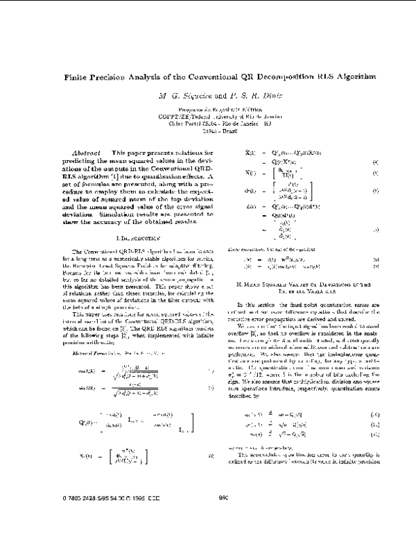 Pdf Finite Precision Analysis Of The Conventional Qr Decomposition Rls Algorithm