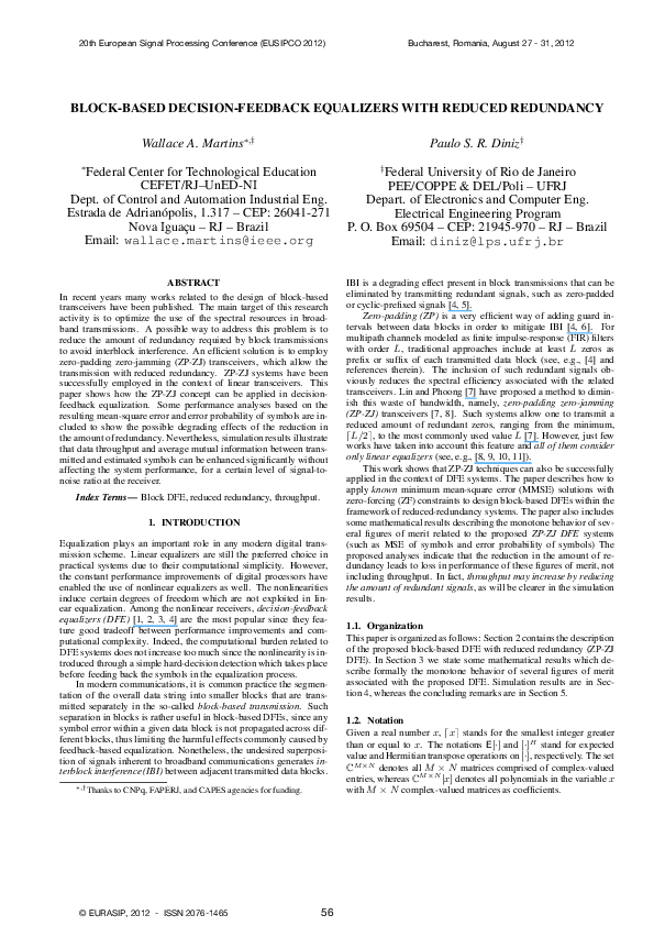 (PDF) BLOCK-BASED DECISION-FEEDBACK EQUALIZERS WITH REDUCED REDUNDANCY