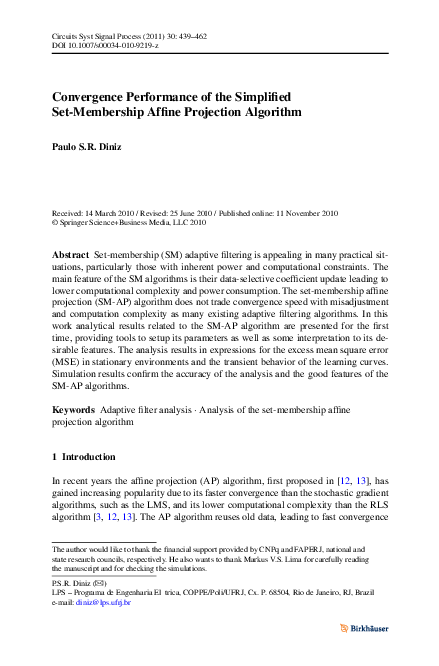 Pdf Convergence Performance Of The Simplified Set Membership Affine Projection Algorithm