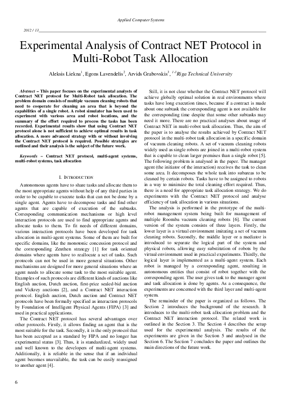 (PDF) Experimental analysis of contract net protocol in multi-robot task allocation