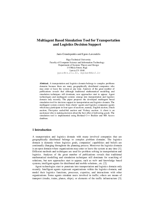 (PDF) Multiagent Based Simulation Tool for Transportation and Logistics Decision Support