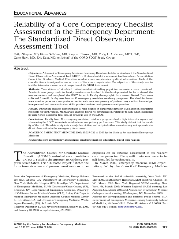 (PDF) Reliability of a Core Competency Checklist Assessment in the ...