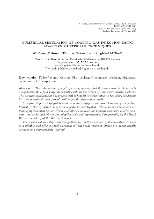 (PDF) Numerical simulation of cooling gas injection using adaptive multiresolution techniques