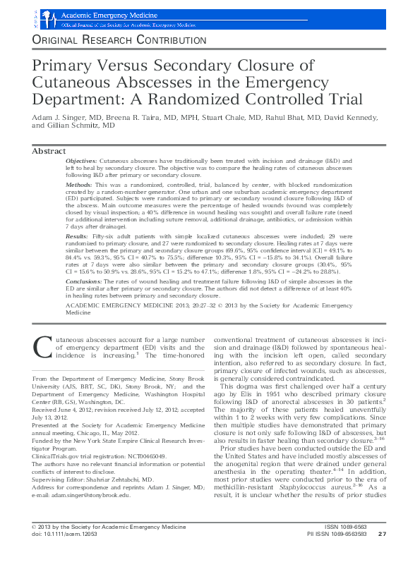 (PDF) Primary Versus Secondary Closure of Cutaneous Abscesses in the ...