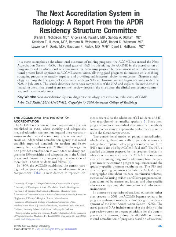 (PDF) The Next Accreditation System in Radiology: A Report From the ...