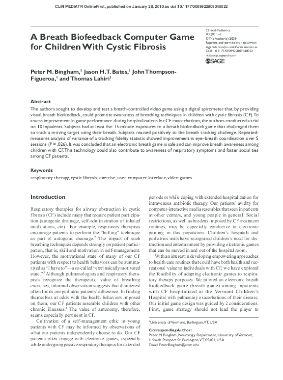 (PDF) A Breath Biofeedback Computer Game for Children With Cystic Fibrosis