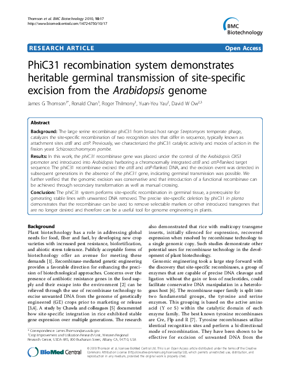 (PDF) PhiC31 recombination system demonstrates heritable germinal ...