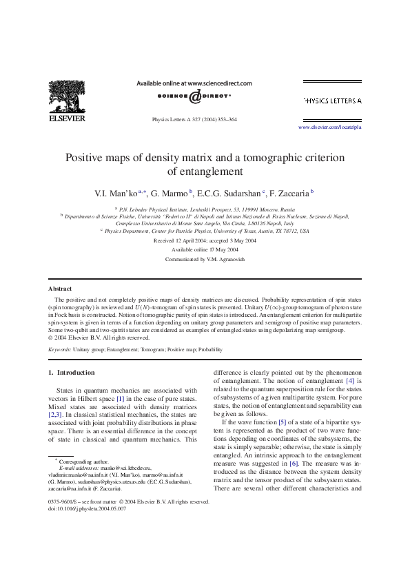 (PDF) Positive maps of density matrix and a tomographic criterion of entanglement | Giuseppe ...