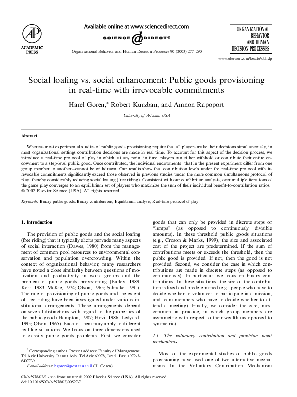 (PDF) Social loafing vs. social enhancement: Public goods provisioning ...