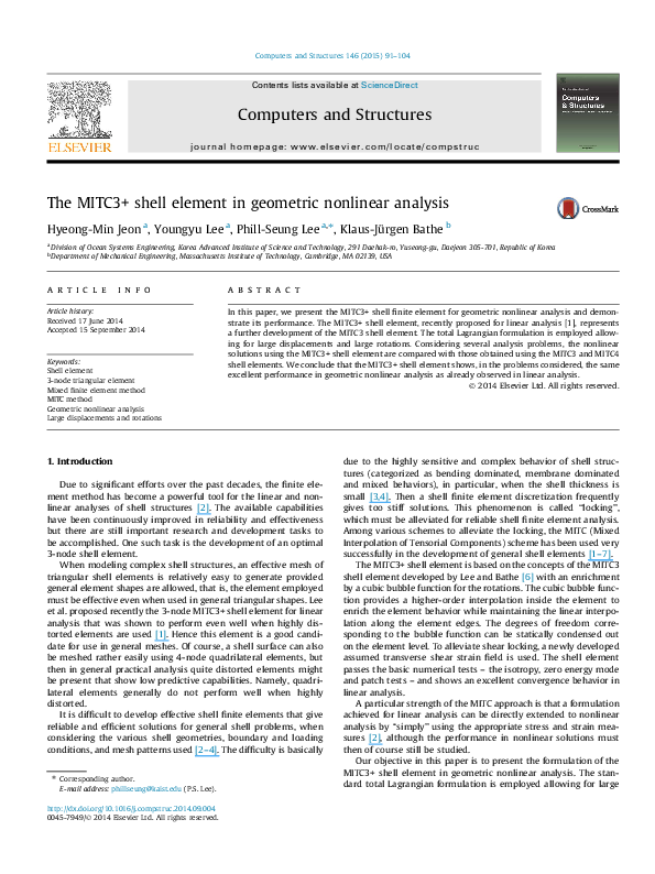 (PDF) The MITC3+ shell element in geometric nonlinear analysis
