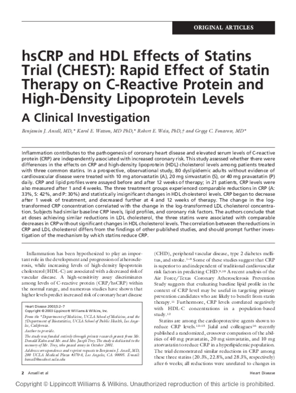 (PDF) hsCRP and HDL effects of statins trial (CHEST): rapid effect of ...