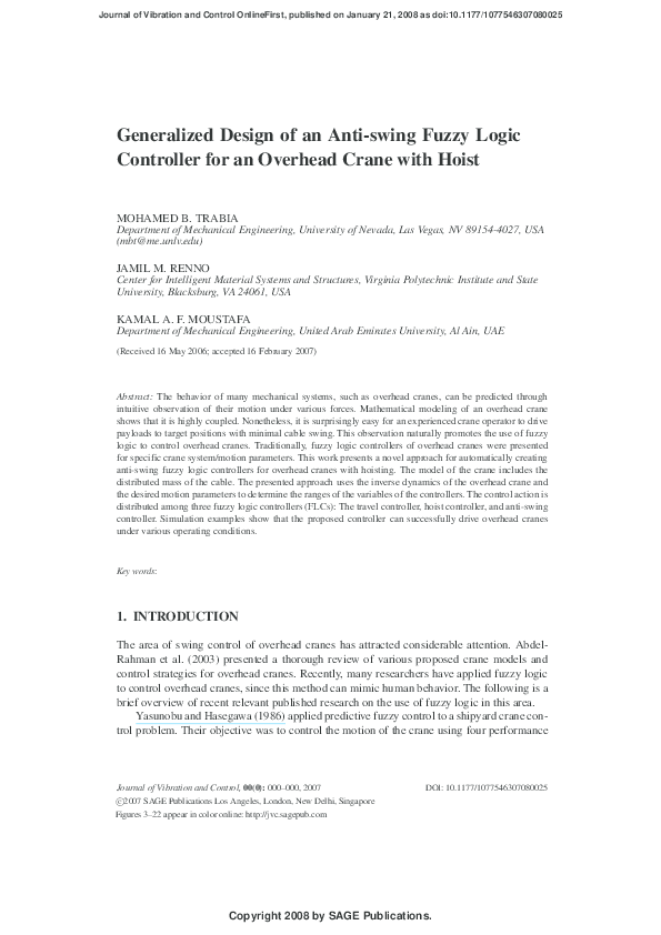 Pdf Generalized Design Of An Anti Swing Fuzzy Logic Controller For An Overhead Crane With Hoist